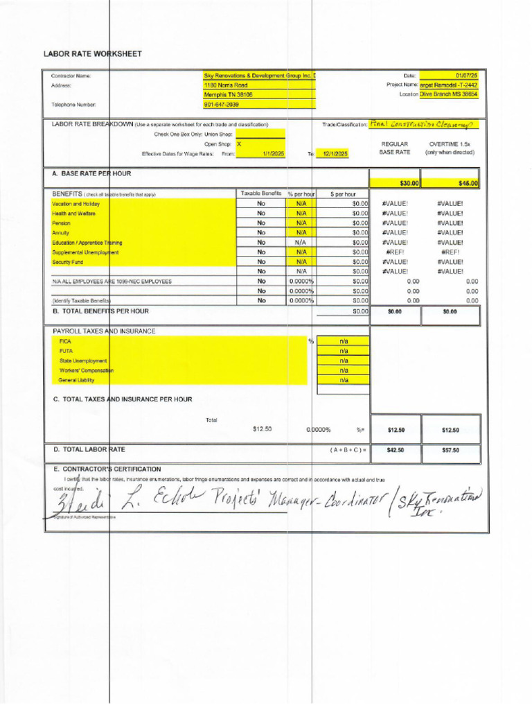 Labor Rate Sheet For Target Olive Branch MS Remodel | PDF