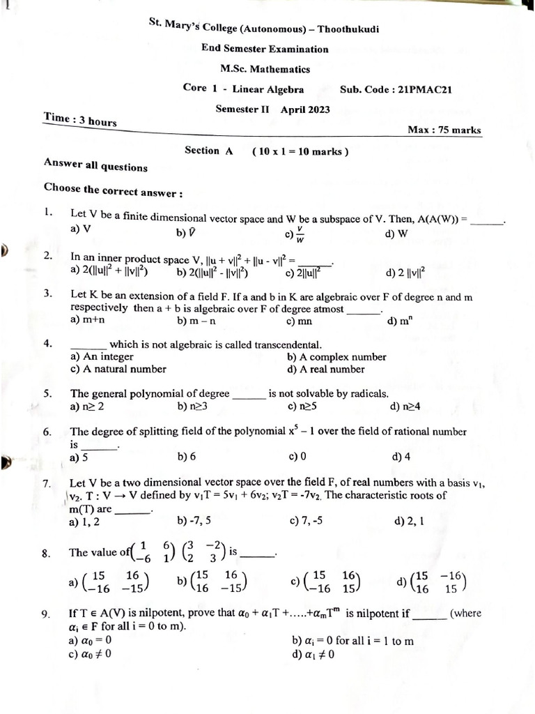 Algebra Question Paper | PDF