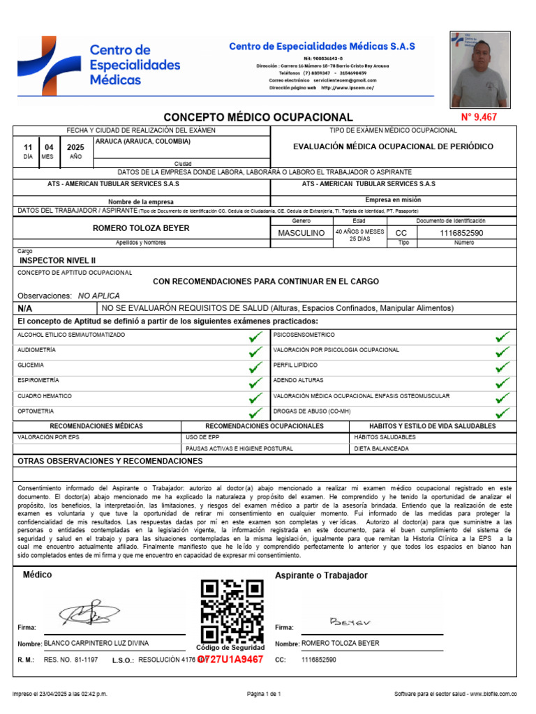 Concepto Médico Ocupacional: No Aplica | PDF