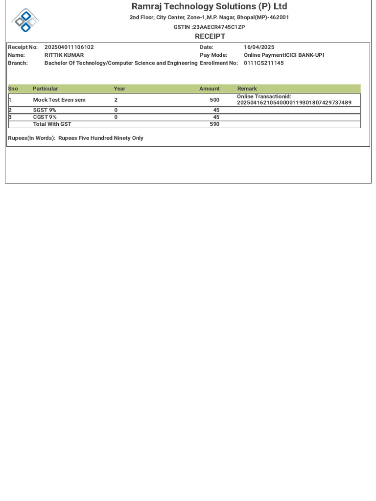 Bhopal Online Payment Receipt for Mock Test | PDF