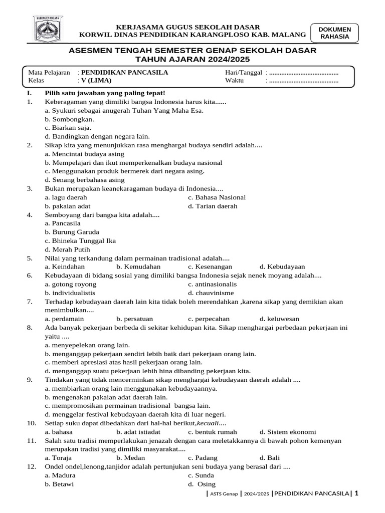 SOAL ASTS II Kelas 5 Pendidikan Pancasila | PDF