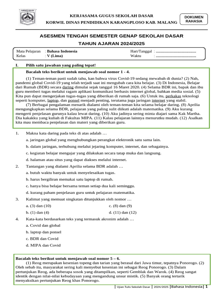 SOAL ASTS II Kelas 5 Bahasa Indonesia | PDF