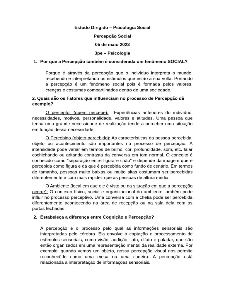 Percepção Social e Seus Efeitos | PDF | Percepção | Cognição