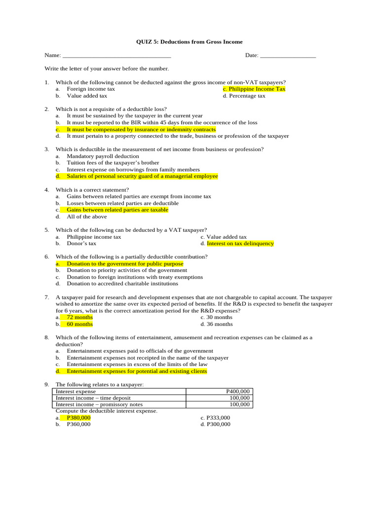 QUIZ-5-Deductions-from-Gross-Income | PDF | Tax Deduction | Gross Income