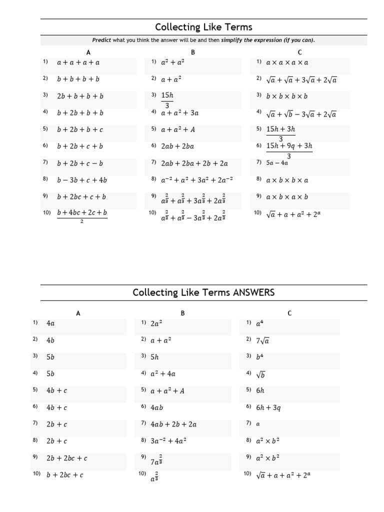 Collecting Like Terms for Algebra | PDF