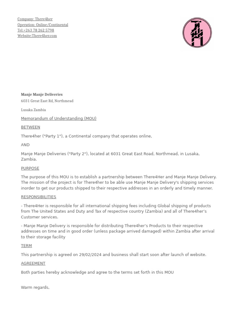 Manje Manje Deliveries MOU with There4Her | PDF