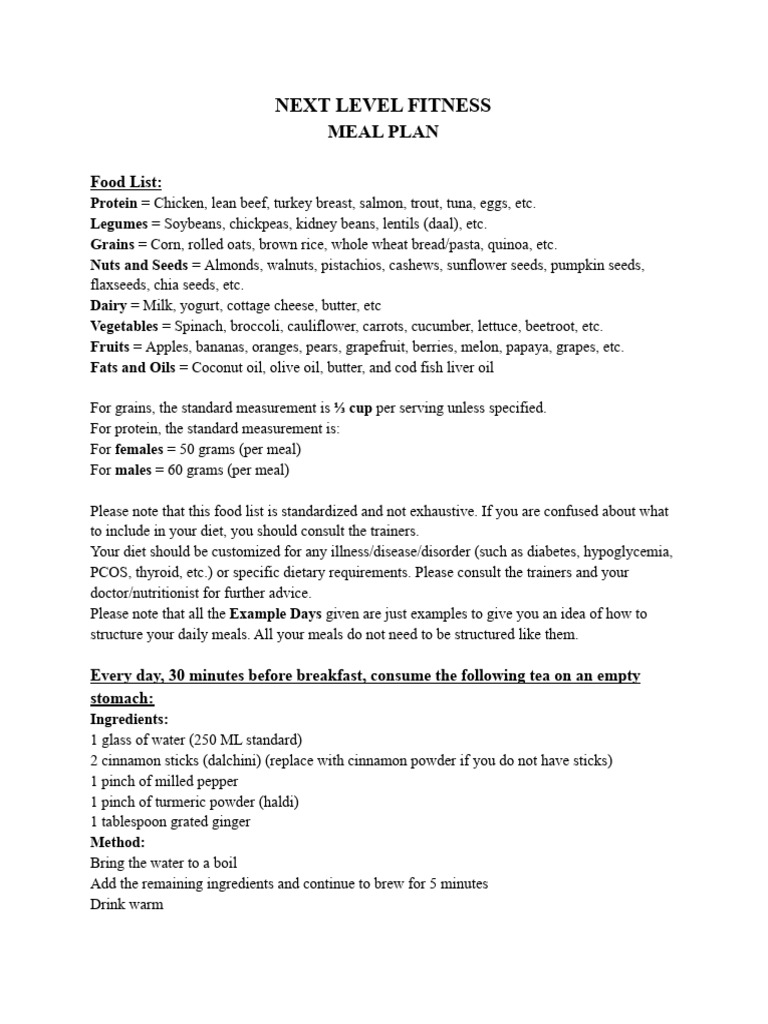Next Level Fitness Meal Plan Guide | PDF | Meal | Foods