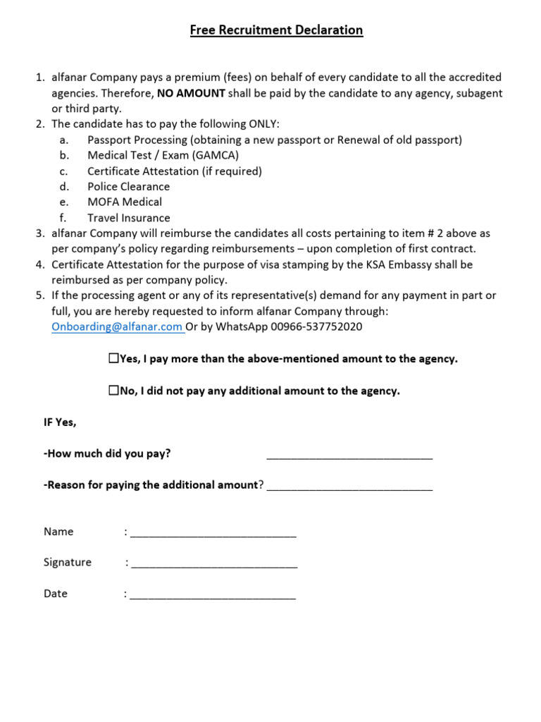 Free Recruitment Declaration - English | PDF