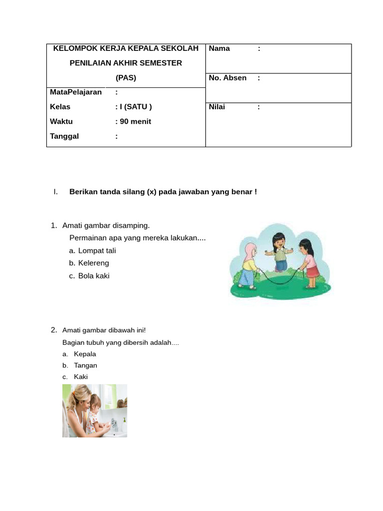 Soal PAS Kelas 1 KUMER | PDF