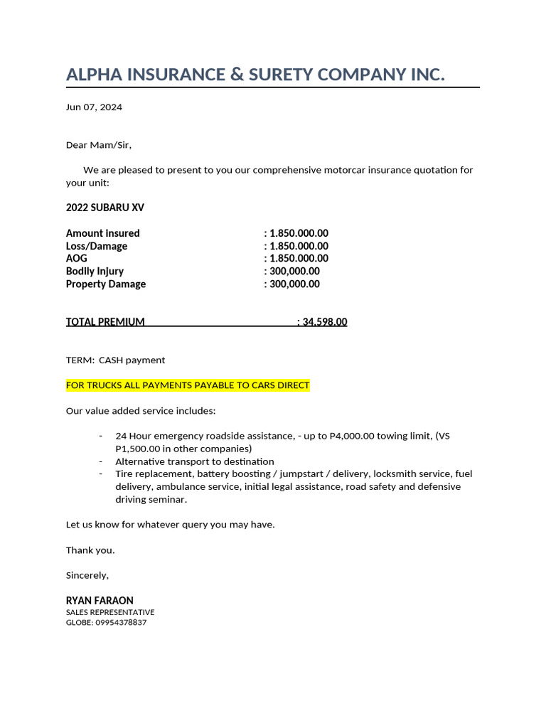 Motorcar Insurance Quotation for Subaru XV | PDF