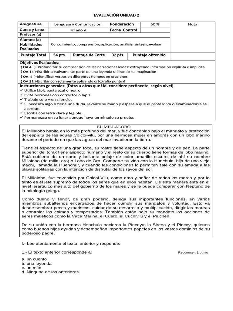 Evaluacion 4deg A Lenguaje Unidad 3 | PDF