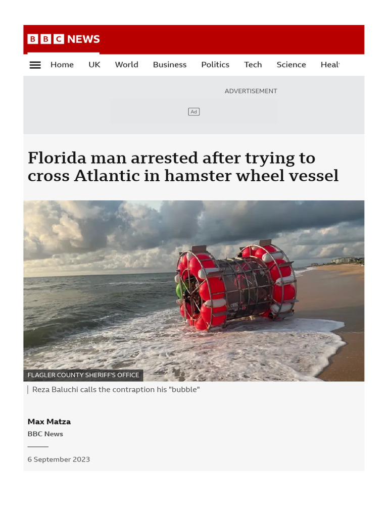 Florida man arrested after trying to cross Atlantic in hamster wheel vessel - BBC News | PDF