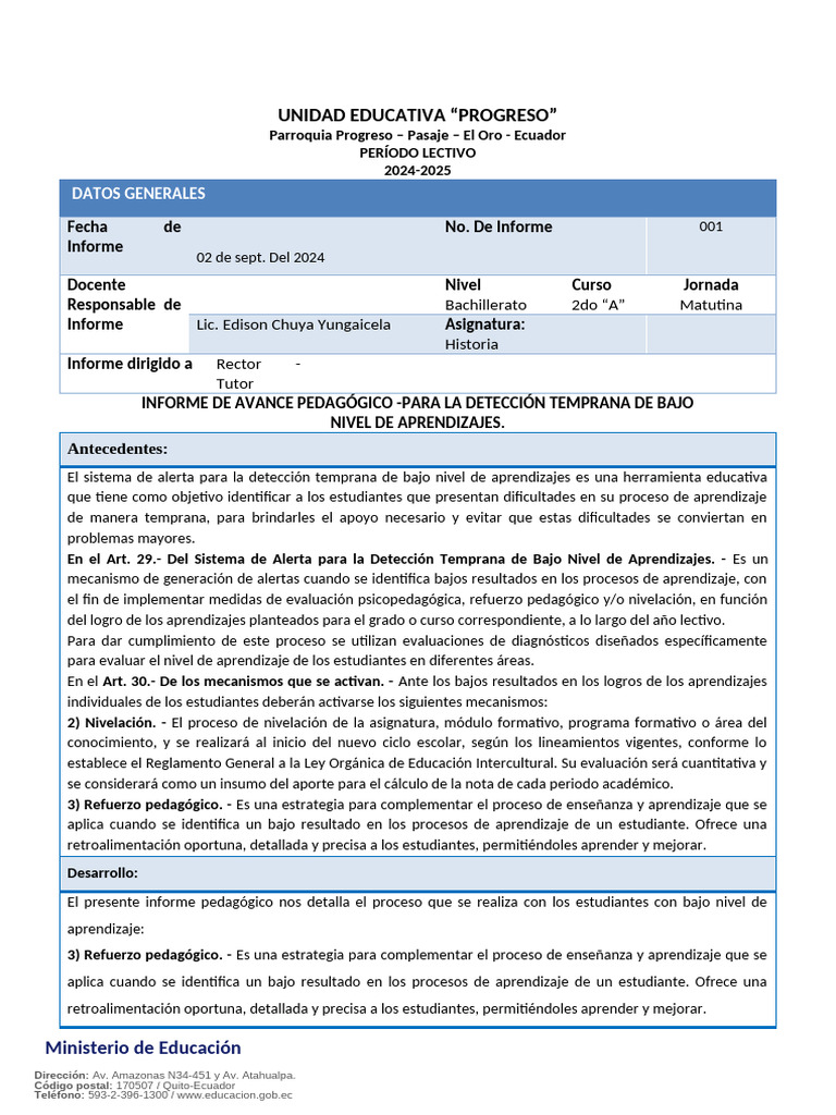 Informe de Avance Pedagógico 2024-2025 | PDF | Aprendizaje | Maestros
