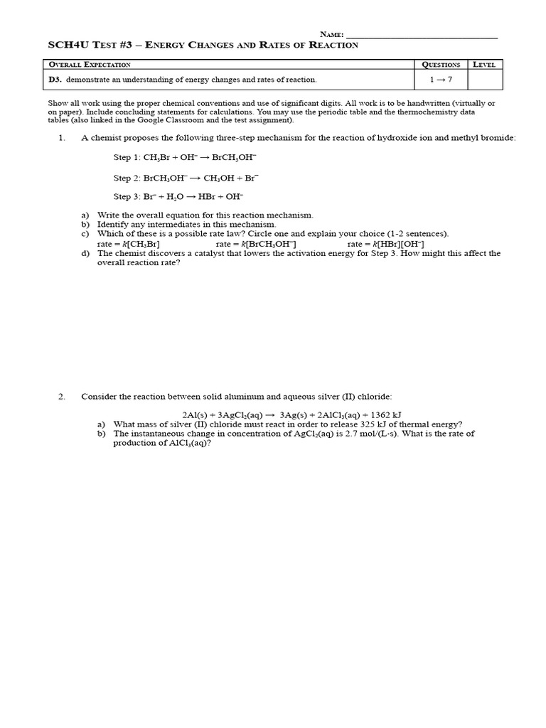 V1 SCH4U Unit 3 Test NS April 2025 | PDF | Chemical Reactions ...