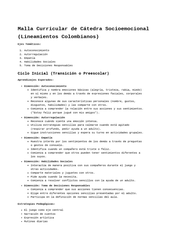 Malla Curricular de Cátedra Socioemocional (Lineamientos Colombianos) | PDF | Las emociones ...