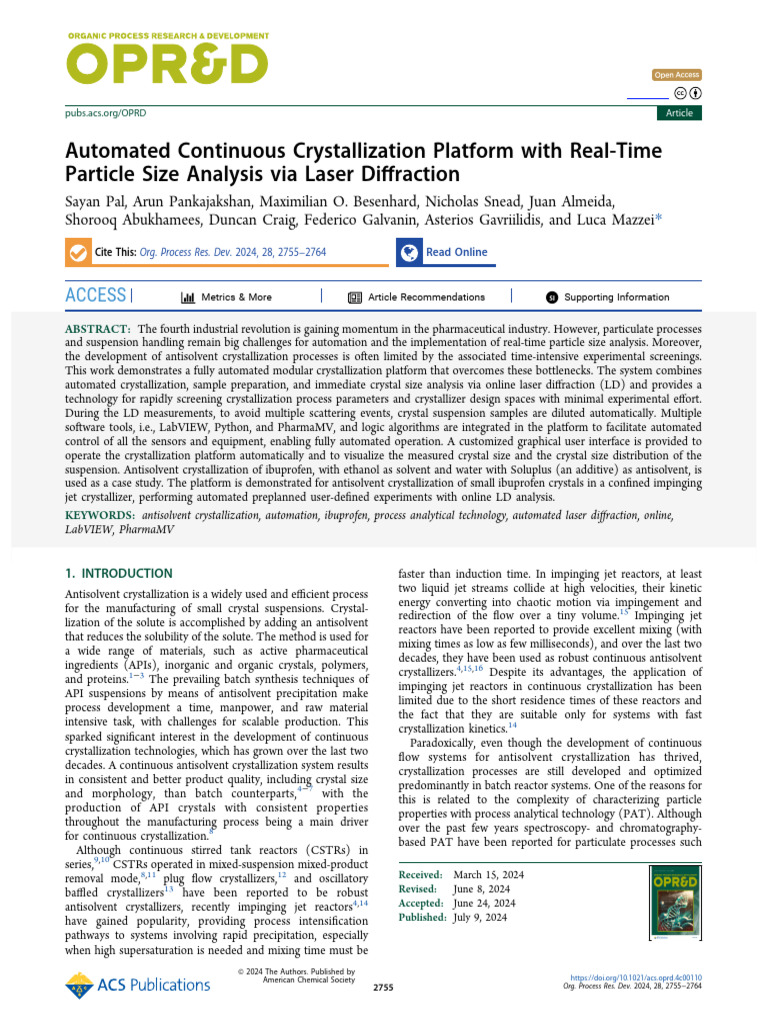 Pal Et Al 2024 Automated Continuous Crystallization Platform With Real Time Particle Size ...