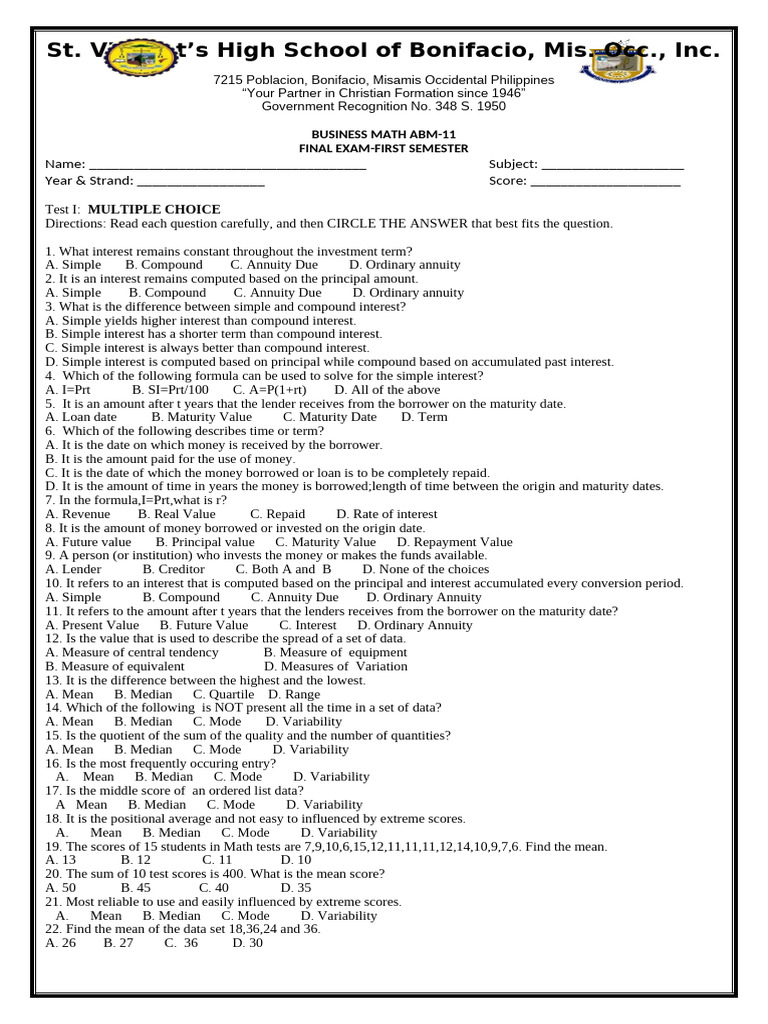 business math final 2nd | PDF | Interest | Mean
