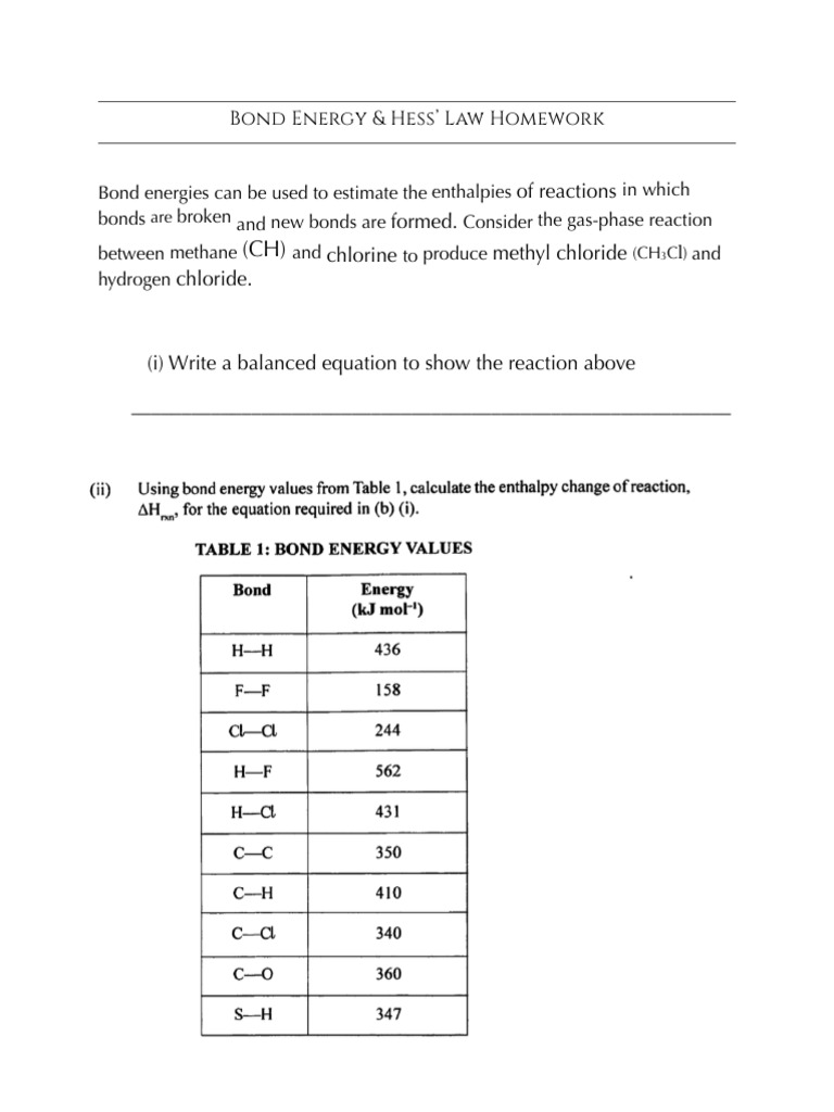 Hess' Law and Bond Energy Homework | PDF