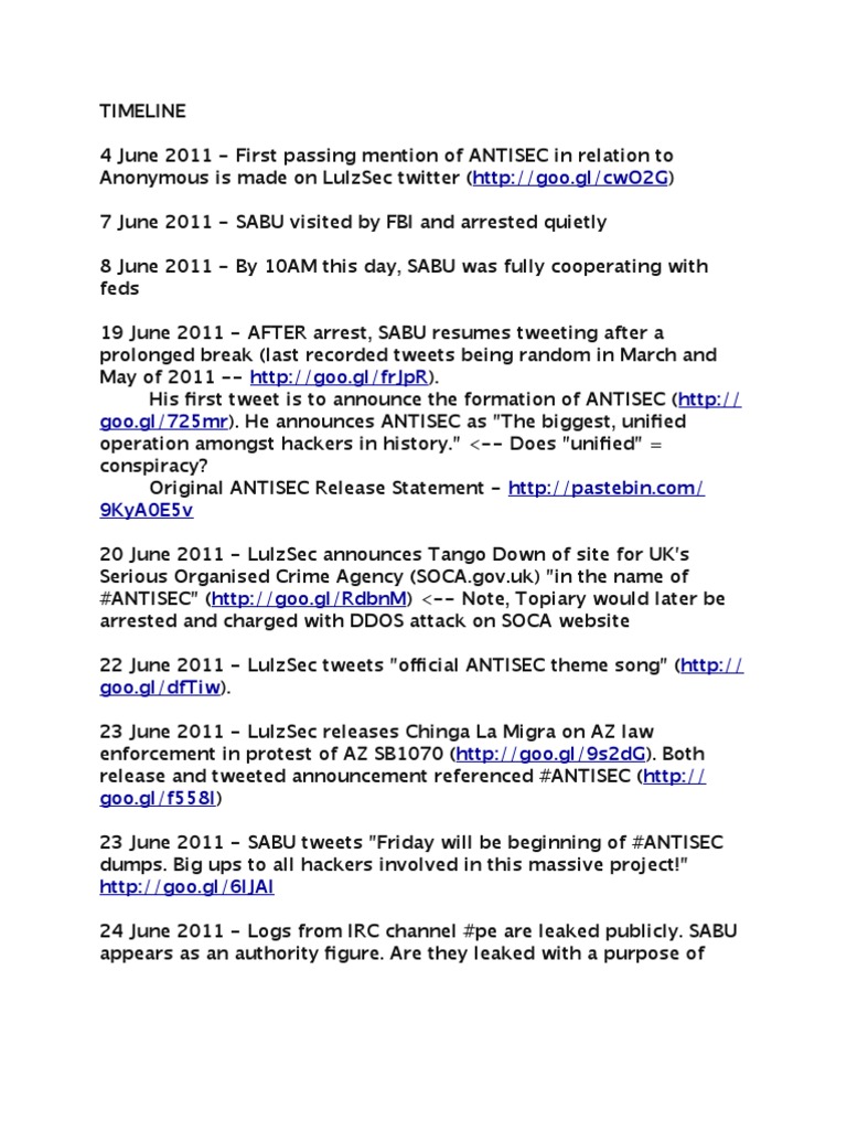 Timeline of ANTISEC As Created and Operated Under FBI Supervision | PDF ...