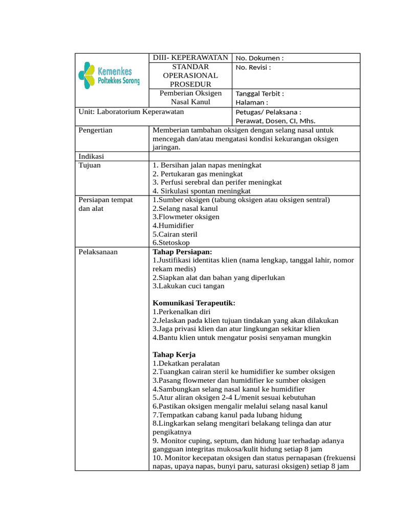 SOP Pemasangan Oksigen NK & NRM | PDF