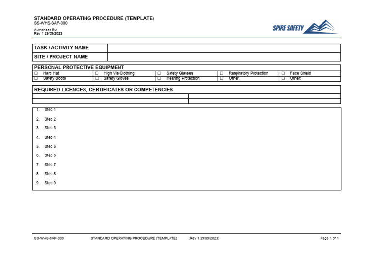 SS WHS SAF 000 Standard Operating Procedure Template | PDF