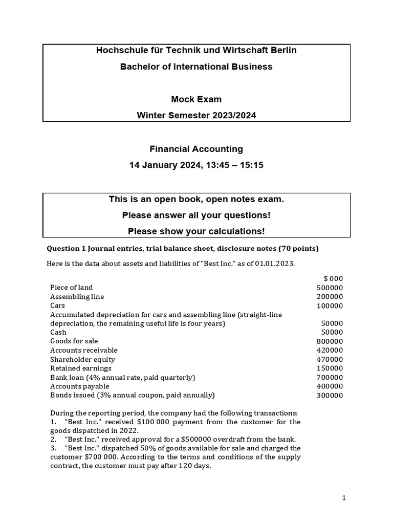 Solution Mock Financial Accounting WiSe2023 - 2024 | PDF | Balance ...