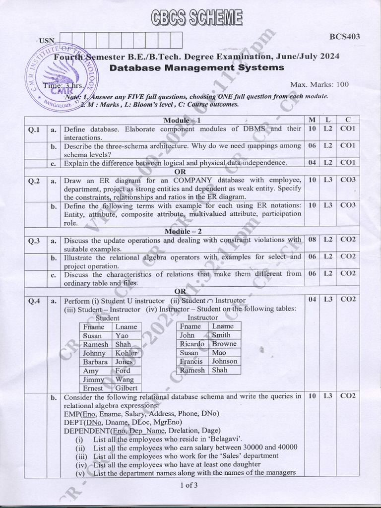 VTU Question Paper of BCS403 Database Management Systems Jun-July-2024 | PDF