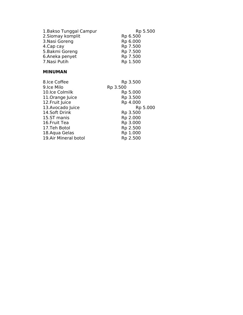 Menu and Prices for Bakso and Drinks | PDF