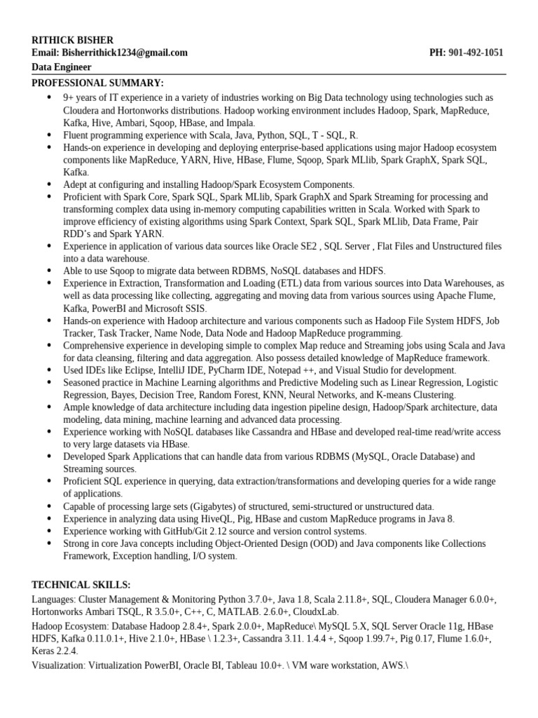 Data Engineer Rithick Bisher | PDF | Apache Spark | Apache Hadoop
