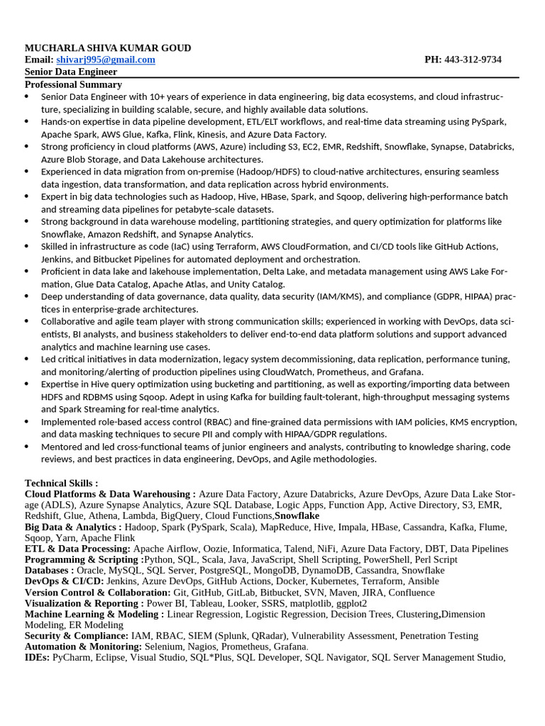 Mucharla Shiva Kumar Goud - Leaddata Engineer | PDF | Apache Spark | Apache Hadoop