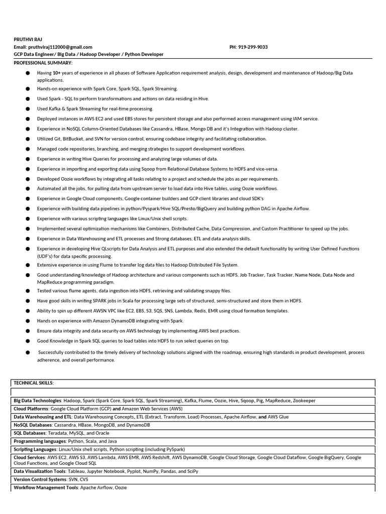 Pruthvi GCP - Data Engineer +++++++ | PDF | Apache Spark | Apache Hadoop