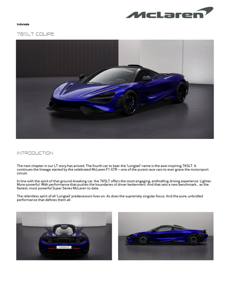 McLaren 765LT Coupe Overview Indonesia | PDF | Motor Vehicle | Car