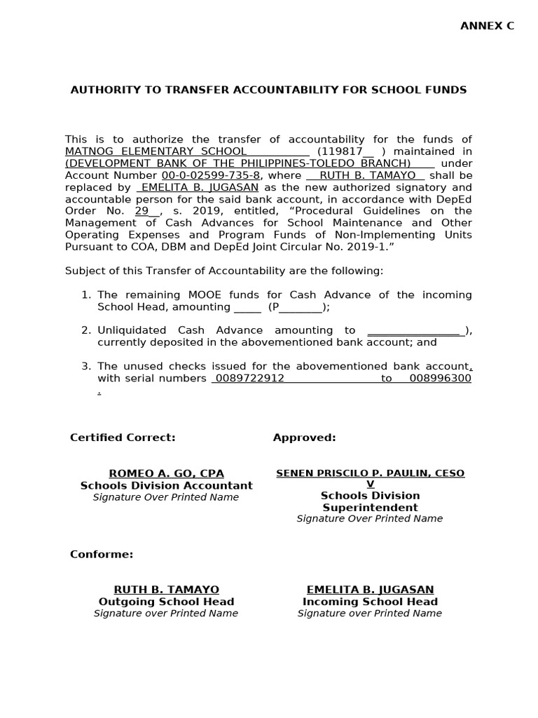 Annex C Transfer of Accountability For School Funds 1 | PDF