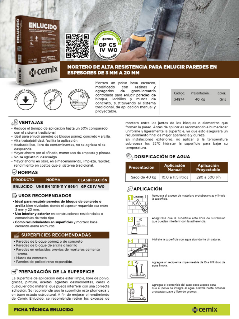 FT Cemix Enlucido 40 KG | PDF | Hormigón | Mortero (Albañilería)