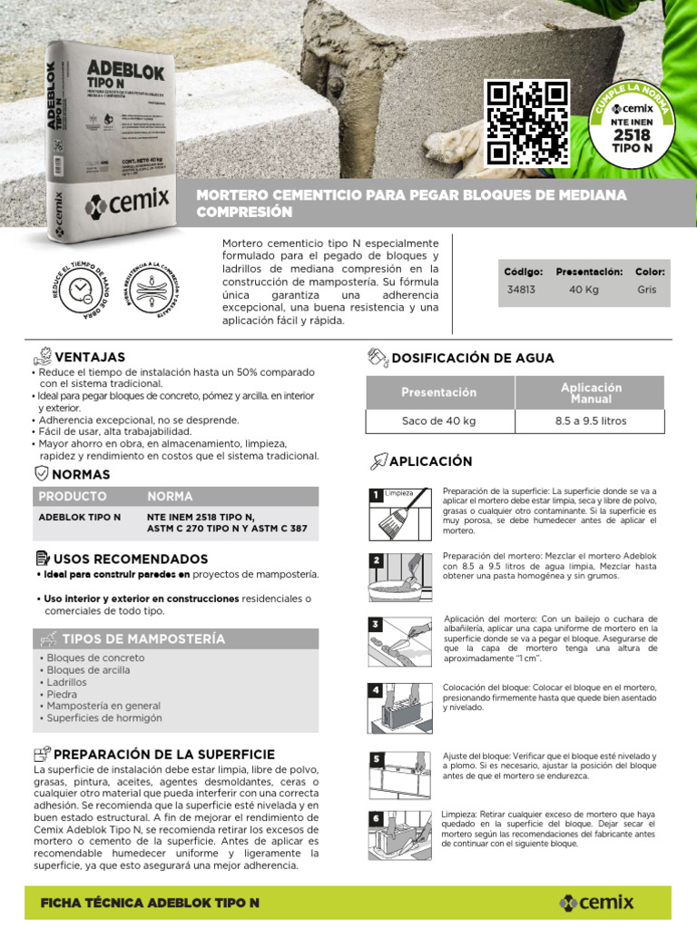 FT Cemix Adeblok Tipo N 40 KG | PDF | Mortero (Albañilería) | Albañilería
