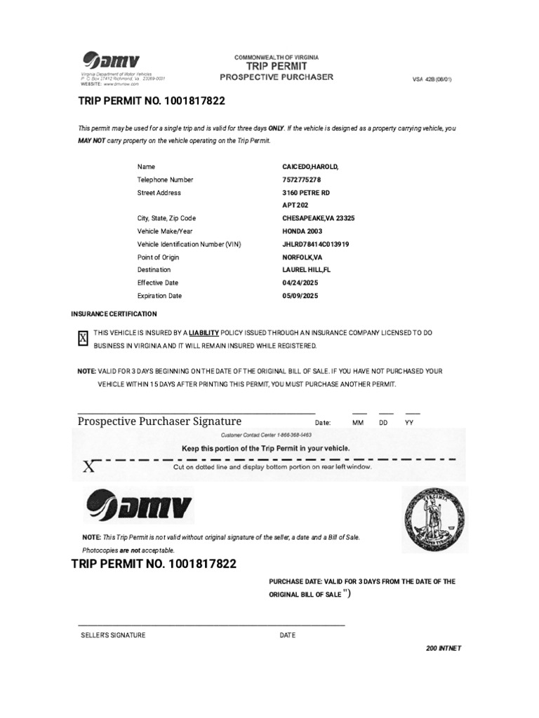 transactions.dmv.virginia.gov_apps_trippermit_print_permit Copy | PDF | Transport | Vehicles
