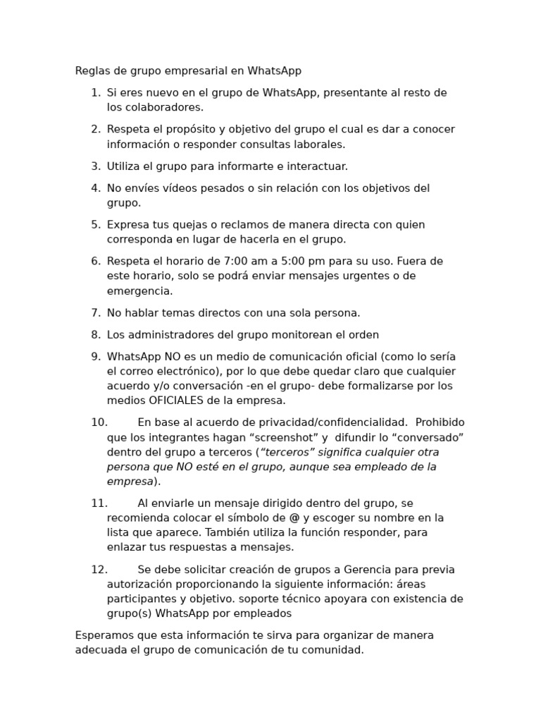 Reglas Para Grupos Empresariales En Whatsapp Pdf