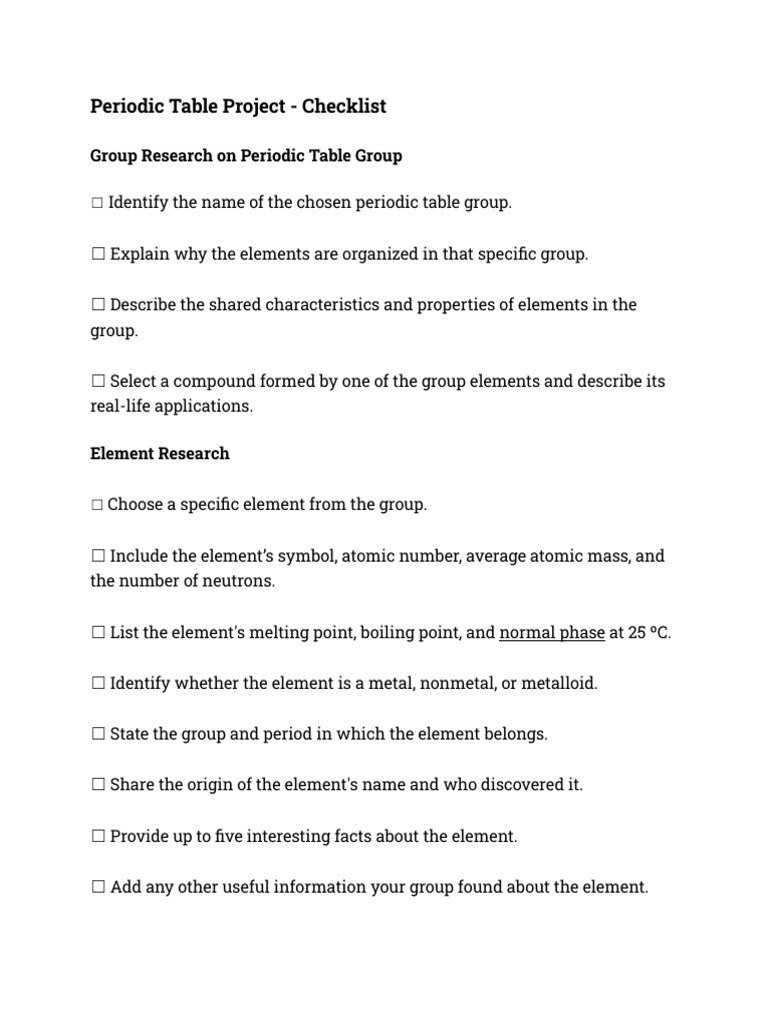 Periodic Table Project - Checklist | PDF