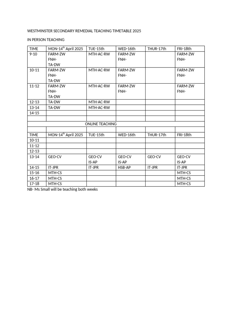 WESTMINSTER SECONDARY REMEDIAL TEACHING TIMETABLE 2025 | PDF