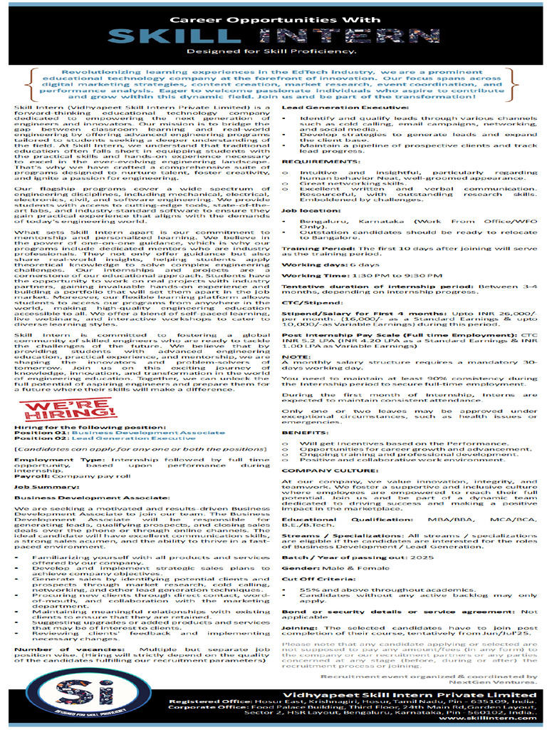 Vidhyapeet Skill Intern 2025 Batch | PDF