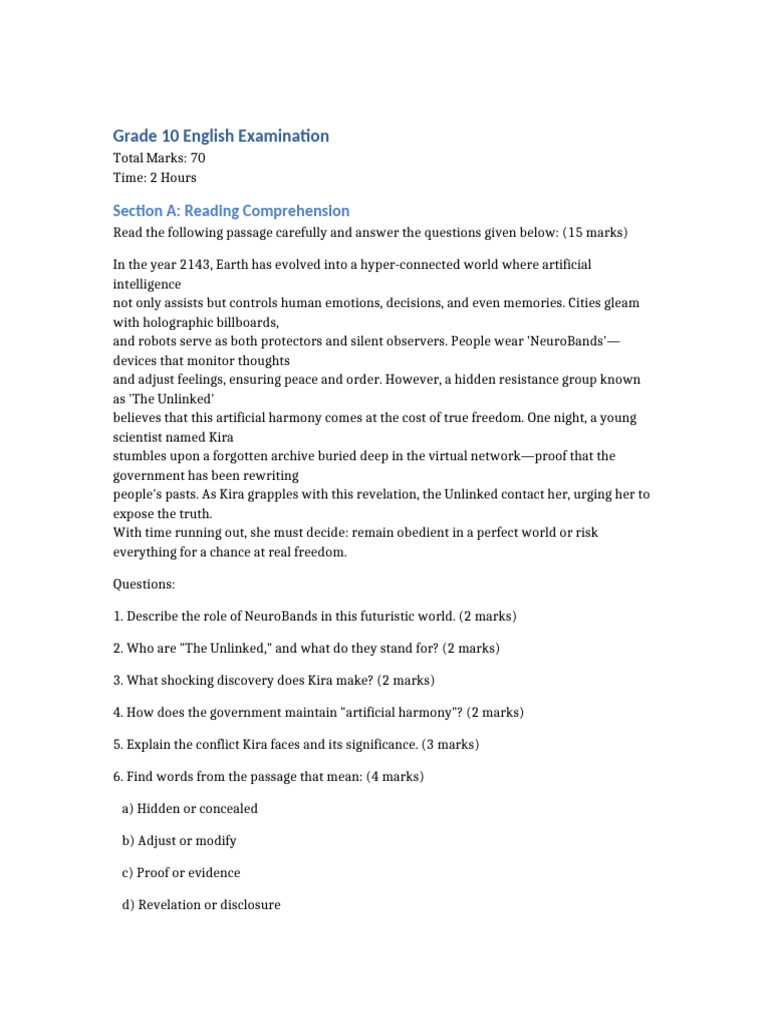 Grade 10 English Question Paper With Explained Answers | PDF ...