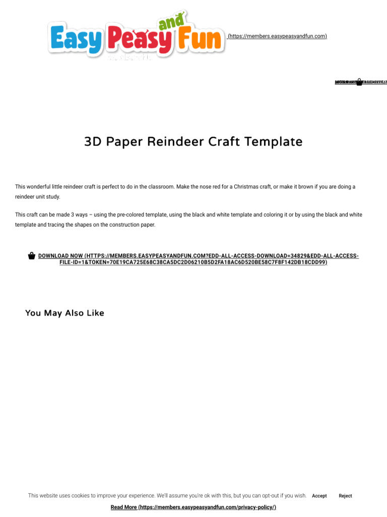 3D Paper Reindeer Craft Template - Easy Peasy and Fun Membership | PDF
