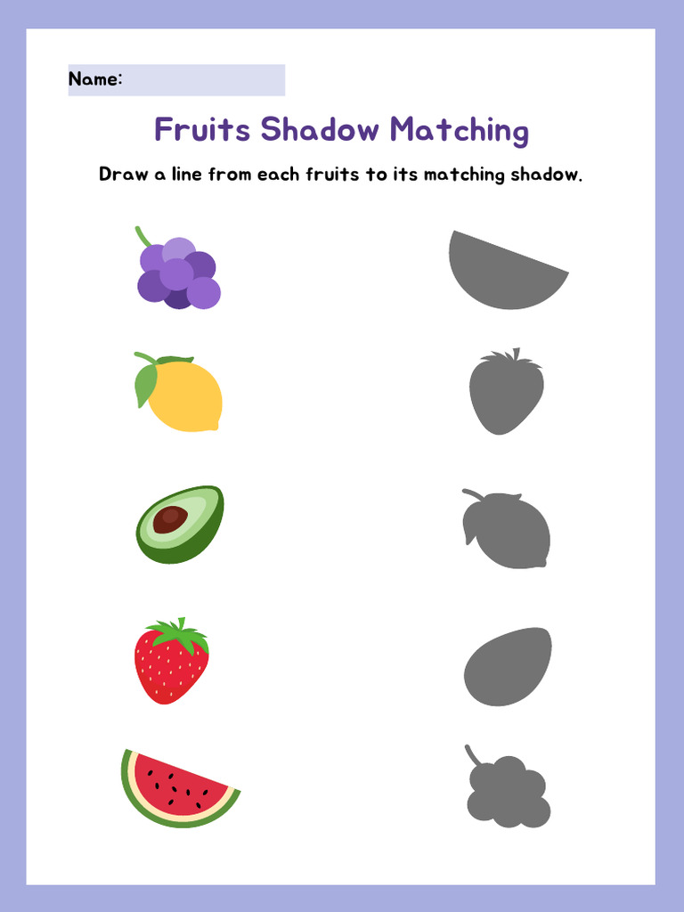 Fruits and Vegetables Shadow Matching Worksheet in Purple Green ...