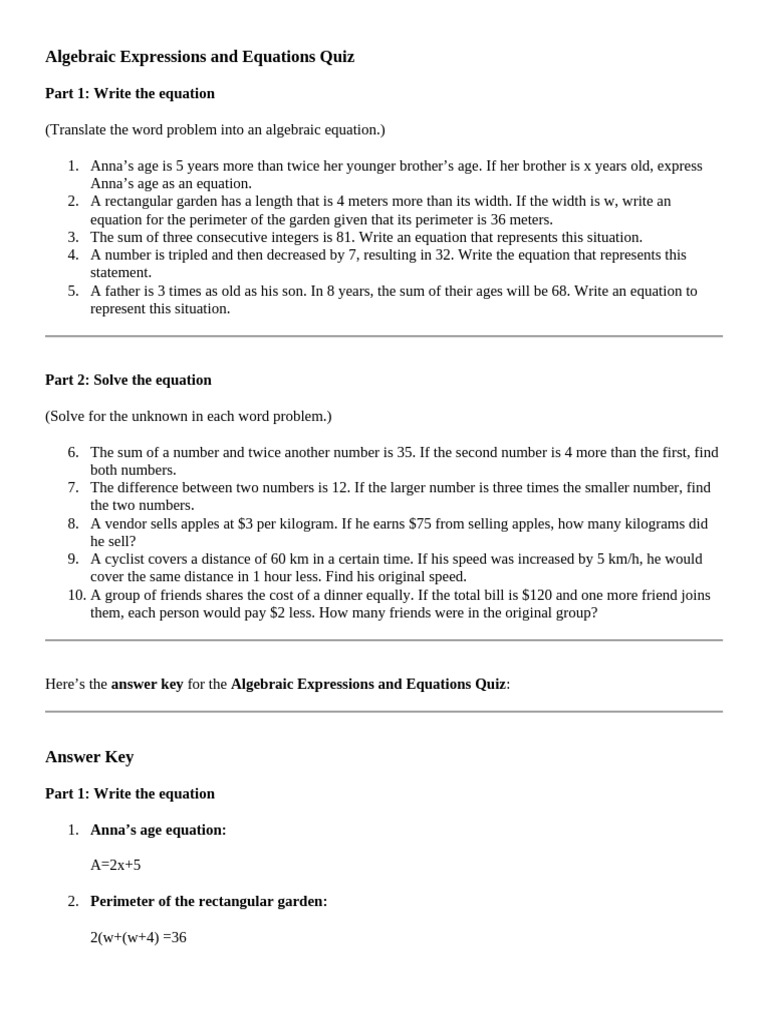 Algebraic Expressions and Equations Quiz | PDF | Equations | Numbers