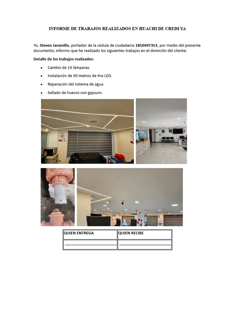 Steven Jaramillo 1850497353: Informe de Trabajos Realizados en Huachi de Credi Ya | PDF
