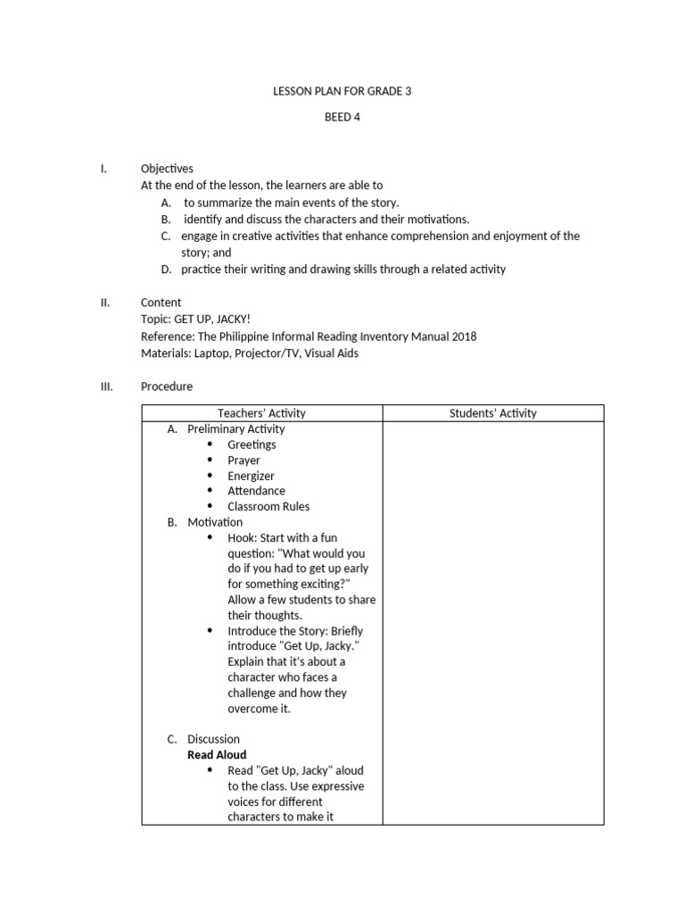 Lesson Plan For Grade 3 Get Up Jacky | PDF | Lesson Plan | Reading ...