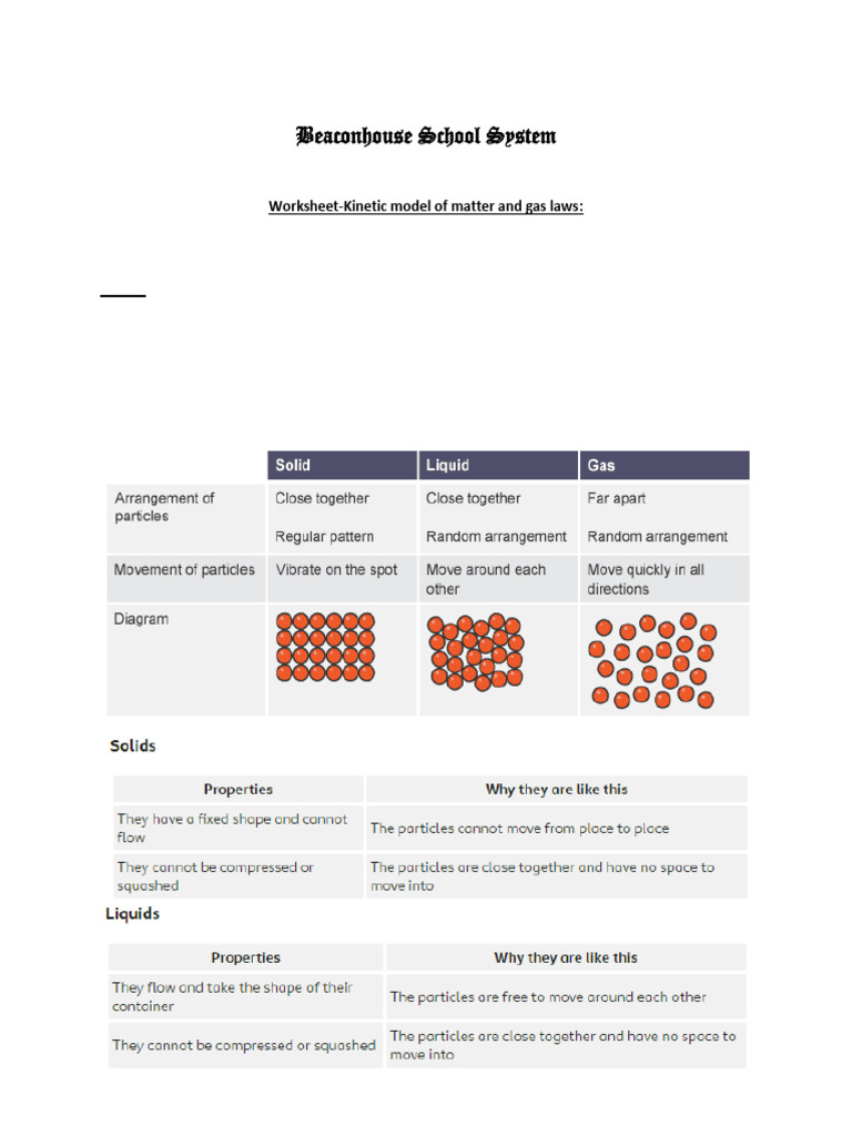 Kinetic Theory and Gas Laws Worksheet | PDF