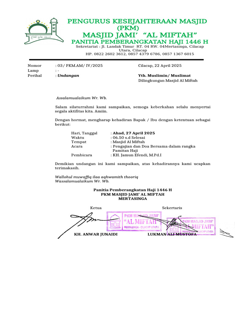 Undangan Pengajian Pamitan Haji 1446 H | PDF