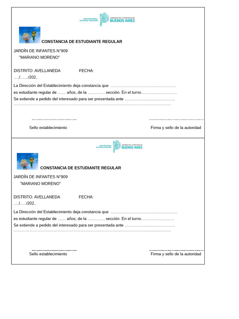 Constancia Estudiante Regular Jardín 909 | PDF