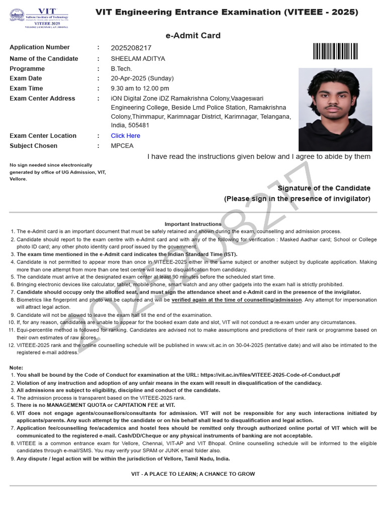 VITEEE 2025 Slot Booking Details | PDF | Identity Document